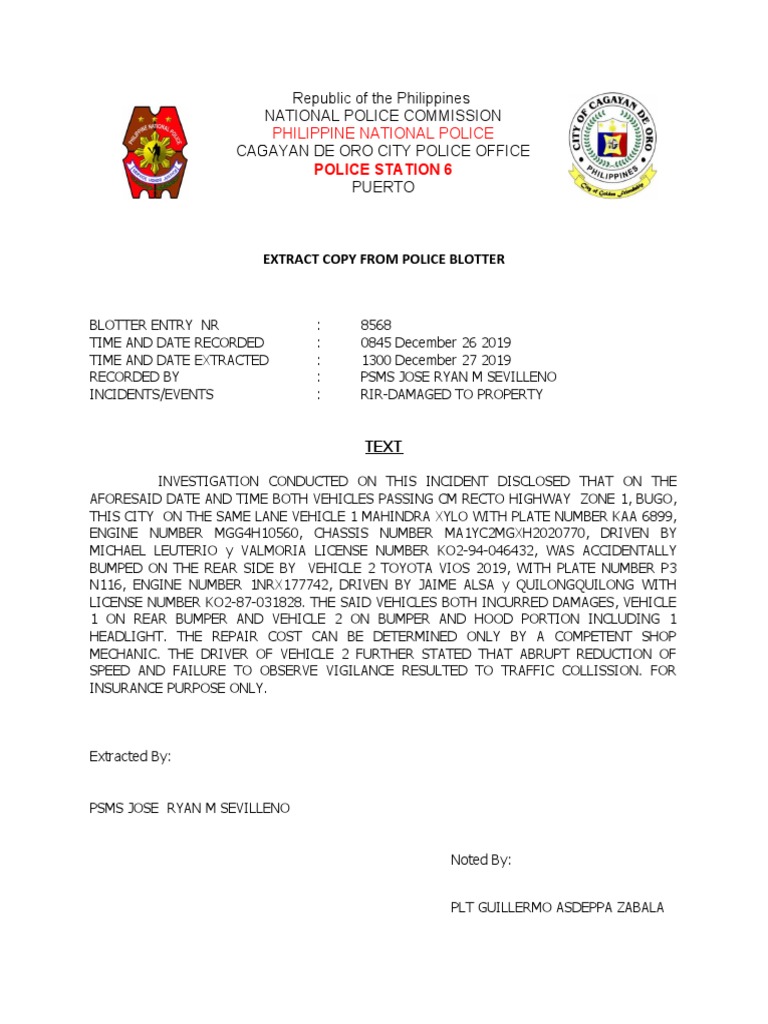 Police Blotter Extract Sample | PDF