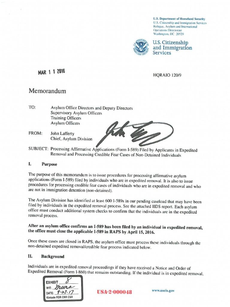 ICE Memo Re Processing Affirmative Asylum Applications | PDF ...
