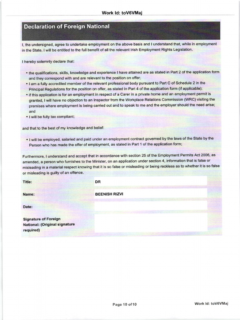 Foreign National Employment Declaration | PDF | Social Science