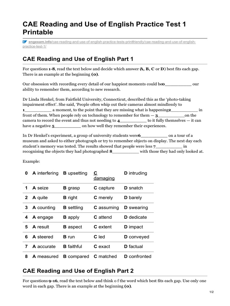 CAE Reading and Use of English Practice Test 1 Printable | PDF ...