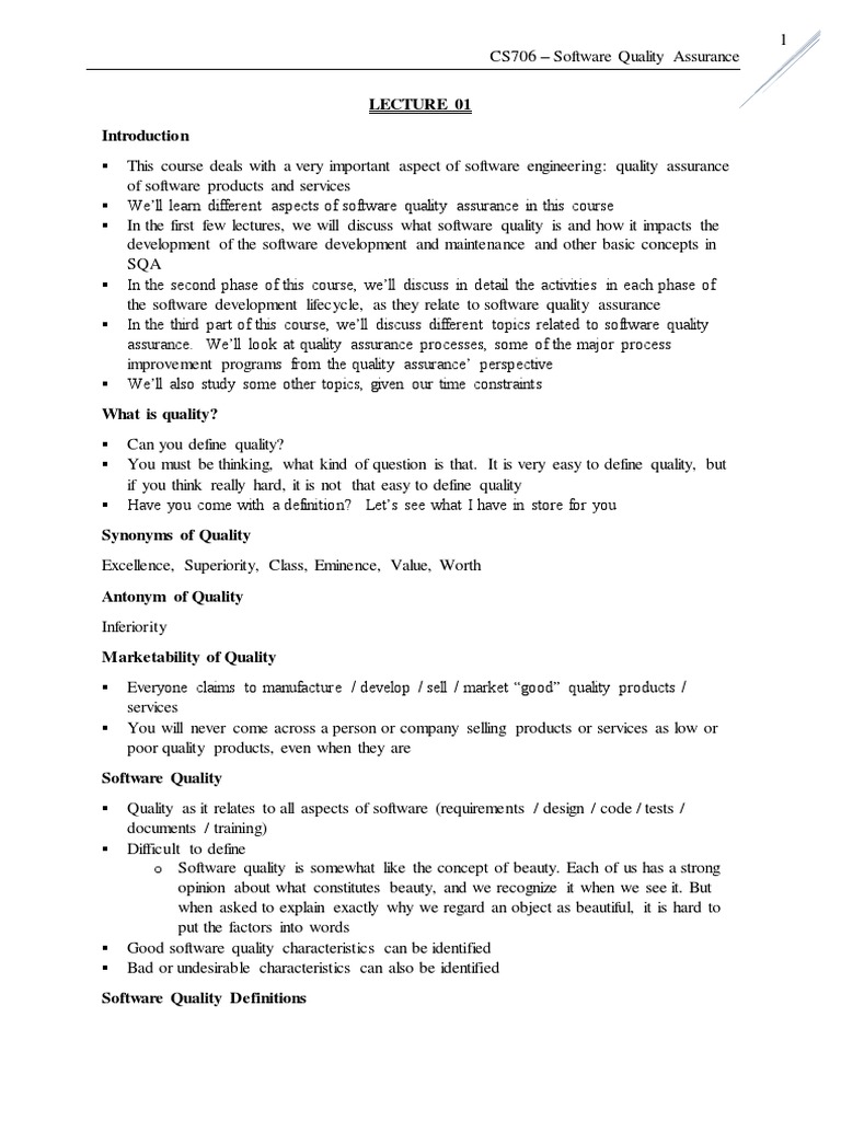 CS706 Lecture Handouts PDF Format | PDF | Software Bug | Software Quality