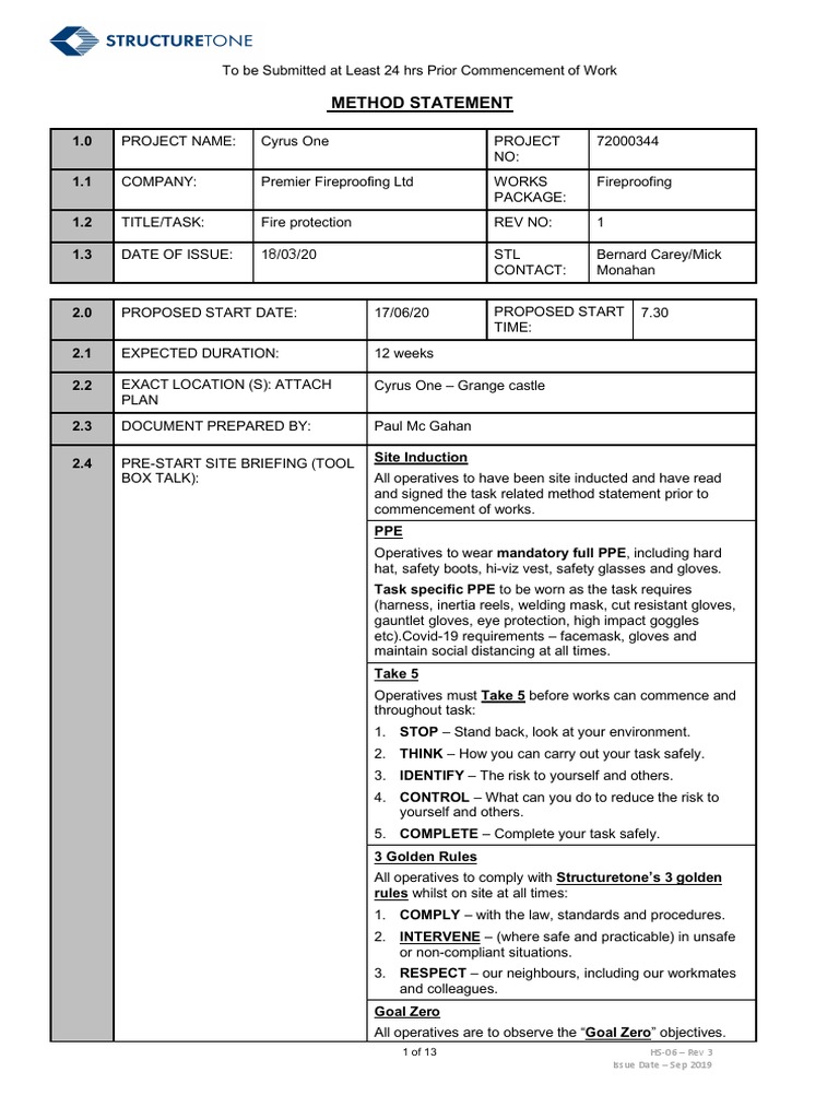 Fireproofing Method Statement for Cyrus One | PDF | Electrical Connector | Safety