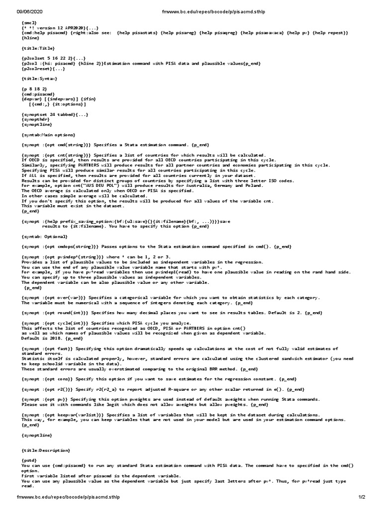 Estimation command for analyzing PISA data using plausible values | PDF | Regression Analysis ...