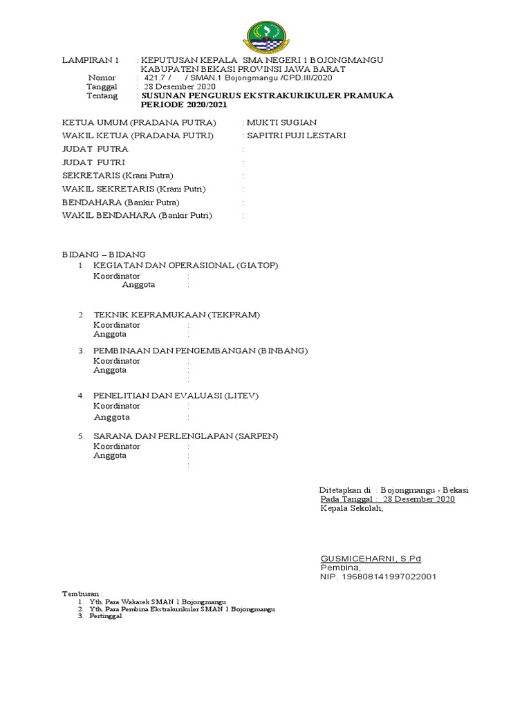 SK Ekstrakurikuler 2020 - 2021 Struktur Aja | PDF