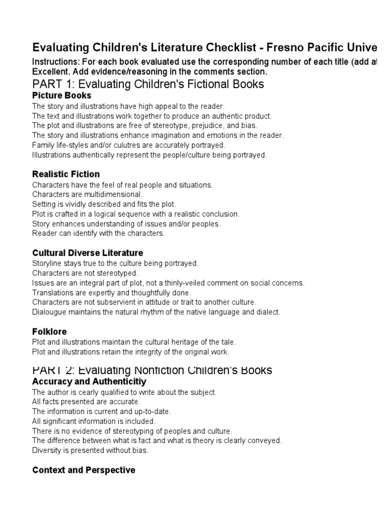 Evaluating Childrens Literature Checklist Excel Spreadsheet | PDF ...