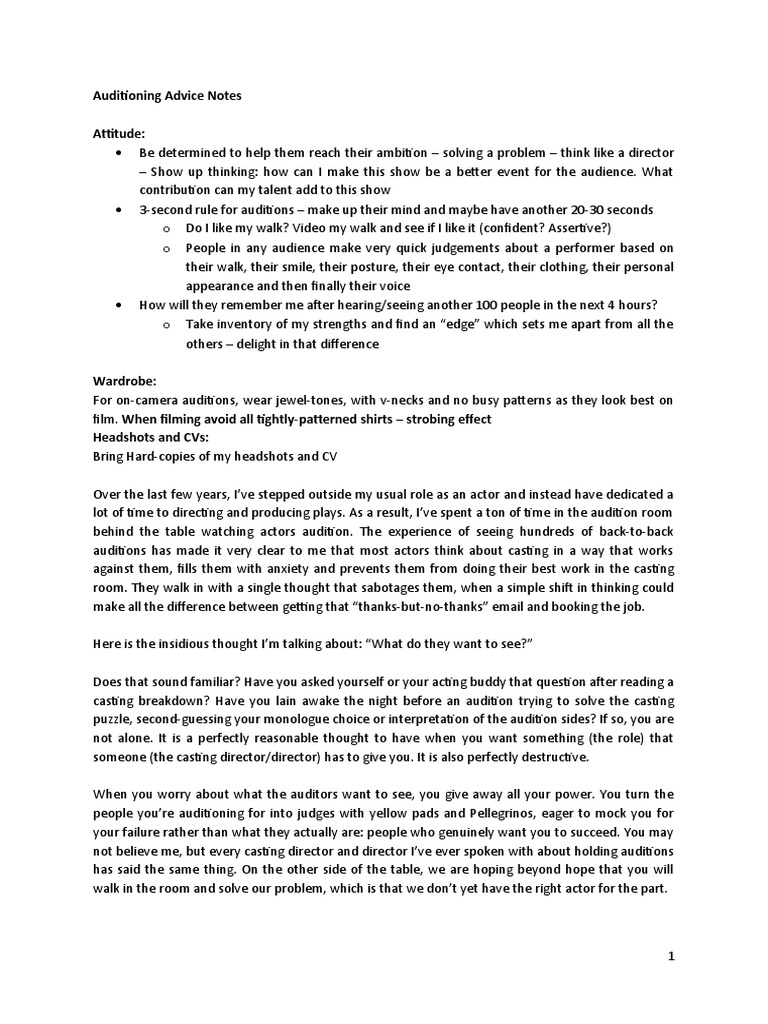 Auditioning Advice Notes | PDF | Audition | Thought