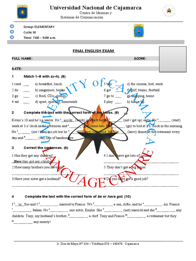 Final English Exam: Centro de Idiomas y Sistemas de Comunicación | PDF | Linguistic Typology ...