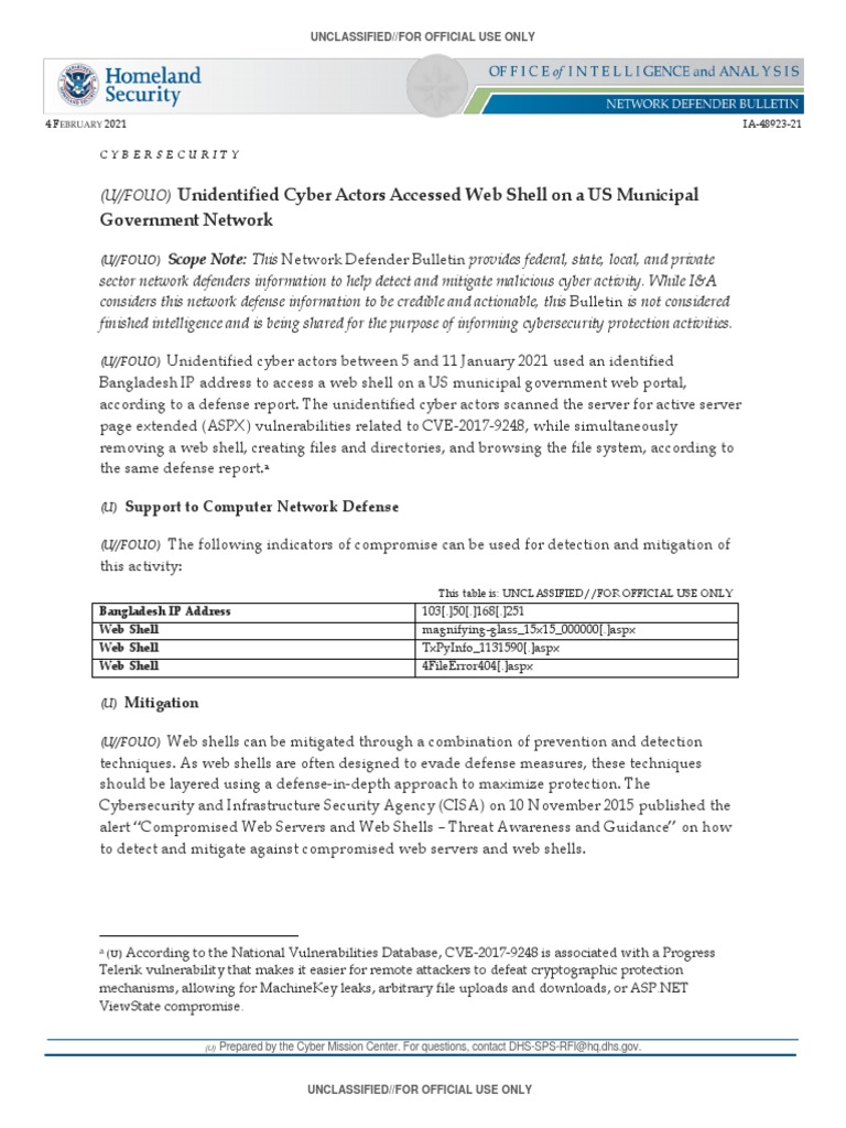 UFOUO NDB Unidentified Cyber Actors Accessed Web Shell | PDF | Computer ...