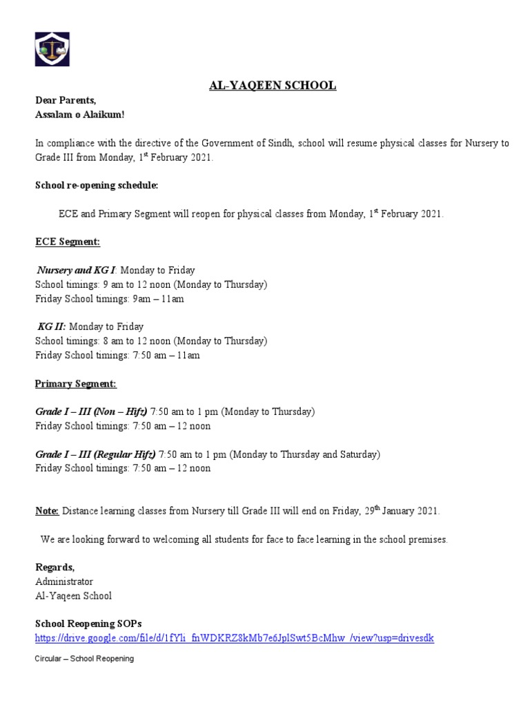 Al-Yaqeen School Reopening Notice | PDF