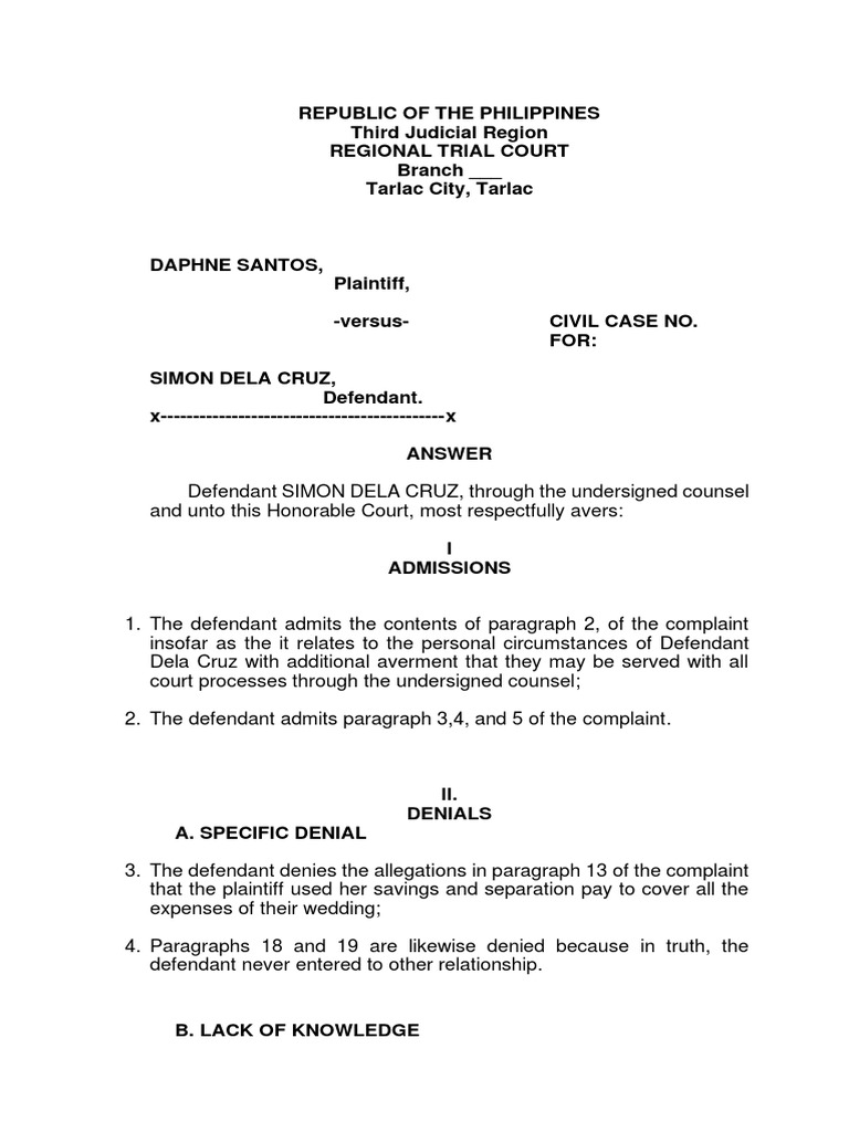 Defendant's Answer in Civil Case | PDF | Damages | Lawsuit