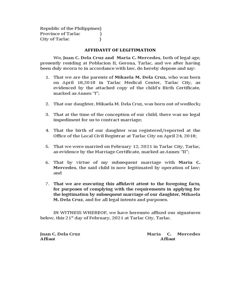 Joint Affidavit of Legitimation | PDF | Affidavit | Civil Law (Common Law)