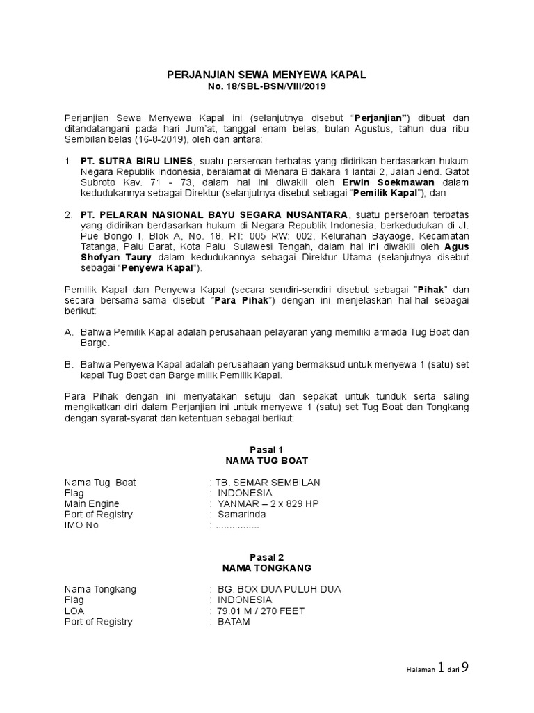Kontra Time Charter Tb. Semar 9 Dan Bg. Box 22.18 Agustus 2019 | PDF