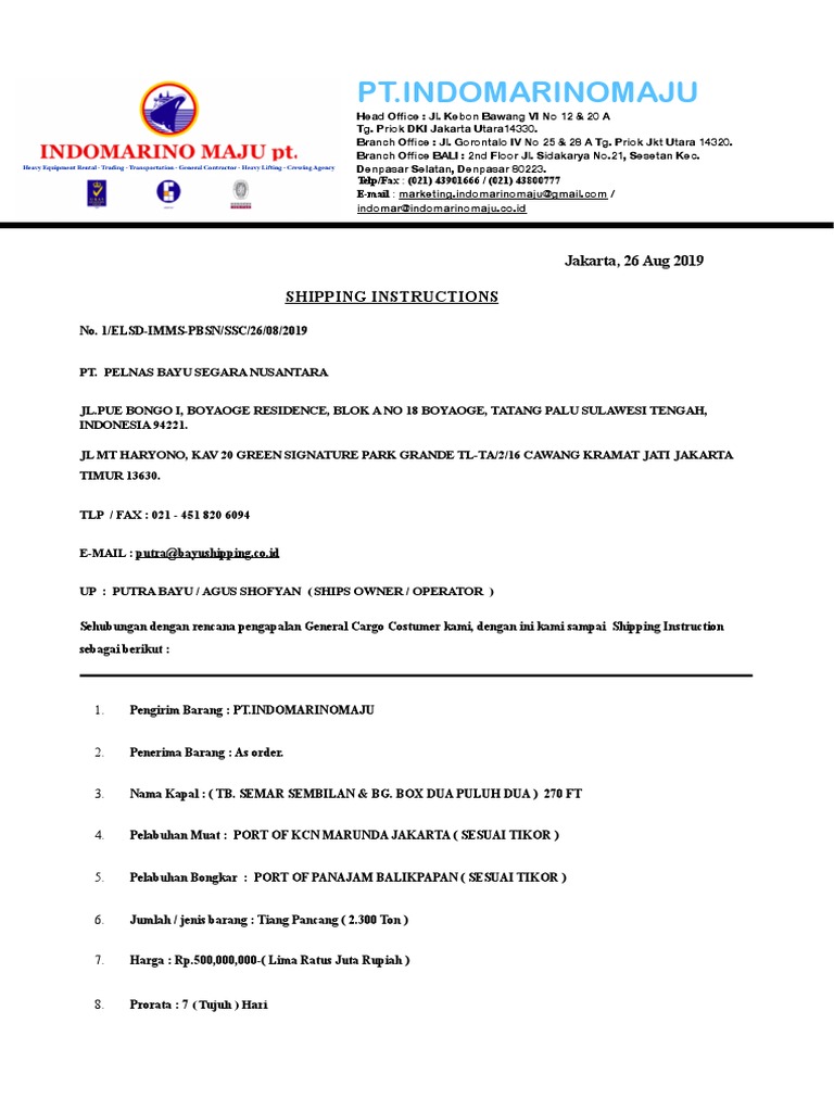 Approved SI Cargo Tiang Pancang To PT. PELNAS BAYU SEGARA NUSANTARA | PDF