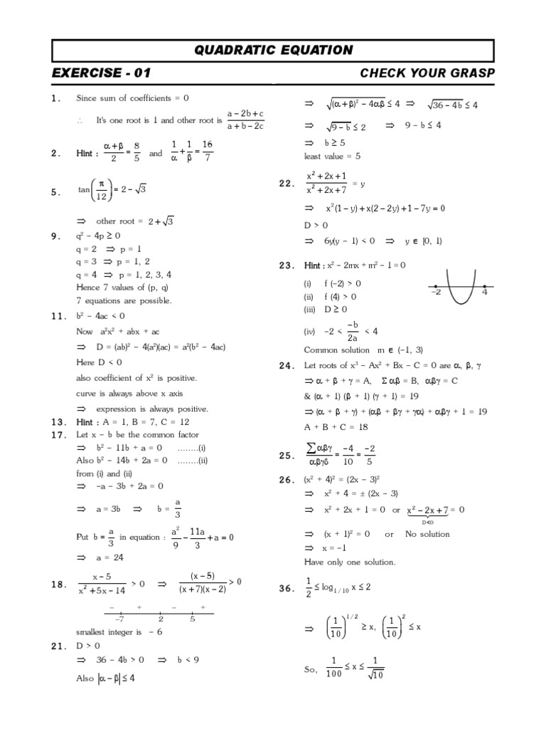 Exercise - 01 Quadratic Equation: Check Your Grasp | PDF | Discrete Mathematics | Number Theory