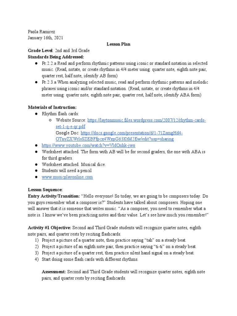 ST Lesson Plan 2nd-3rd 1 | PDF | Rhythm | Musical Compositions