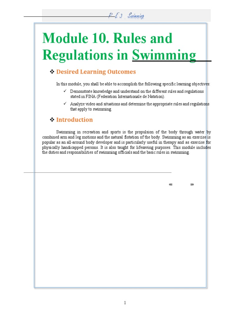 Module 10. Rules and Regulations in Swimming: Desired Learning Outcomes ...