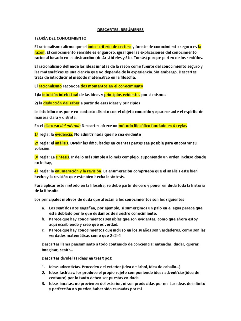 DESCARTES Resúmenes Historia de La Filosofía 2 Bach | PDF ...