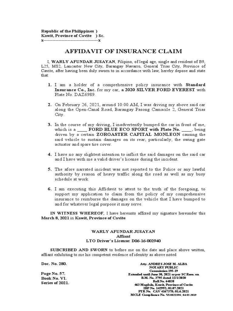 Affidavit of Insurance Claim - Wairly Fundae Sahmed | PDF | Affidavit ...