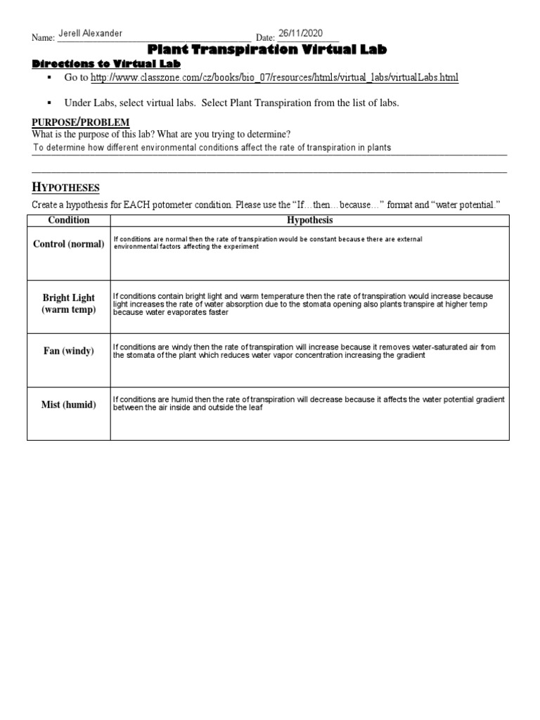5.4 Plant Transpiration Virtual Lab Worksheet | PDF | Stoma | Branches ...