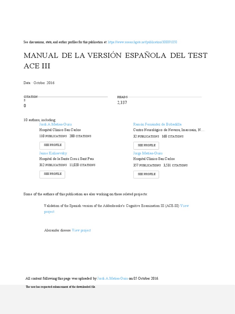 Manual de La Versión Española Del Test Ace Iii | PDF | Dementia ...