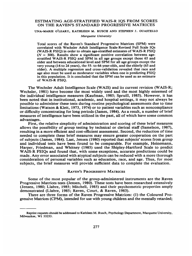 Estimating Age Stratified WAIS R IQS From Scores On The Raven Standard ...