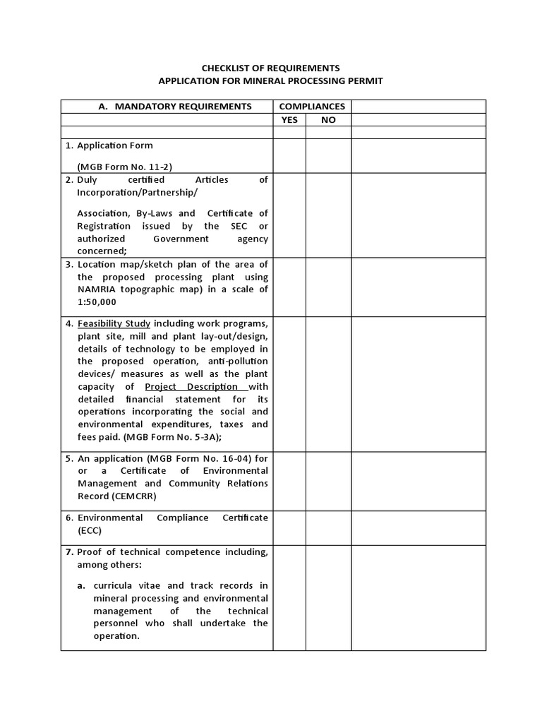 Checklist of Requirements Application For Mineral Processing Permit A ...