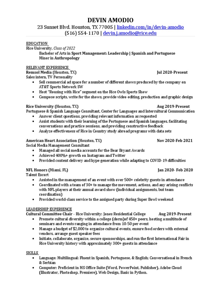 Devin Amodio Resume February 2021 | PDF | Social Media | Popular Culture & Media Studies
