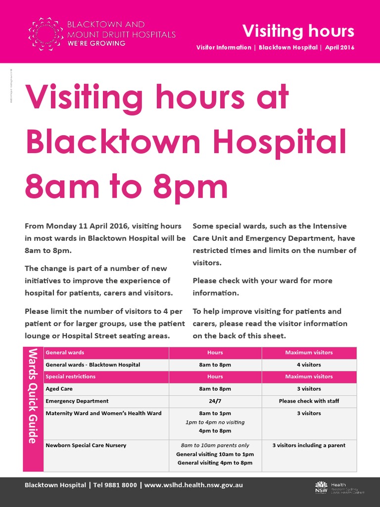 Visiting Hours at Blacktown Hospital 8am To 8pm | PDF | Patient | Hospital