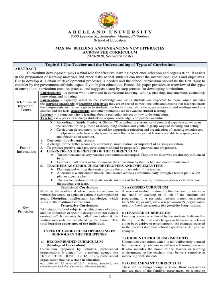 The Teacher and The Understanding of Types of Curriculum | PDF ...