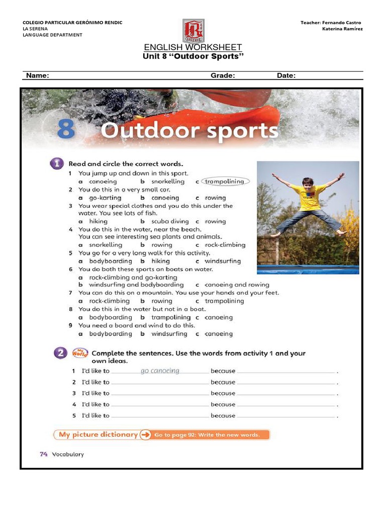 Unit 8 "Outdoor Sports": English Worksheet | PDF
