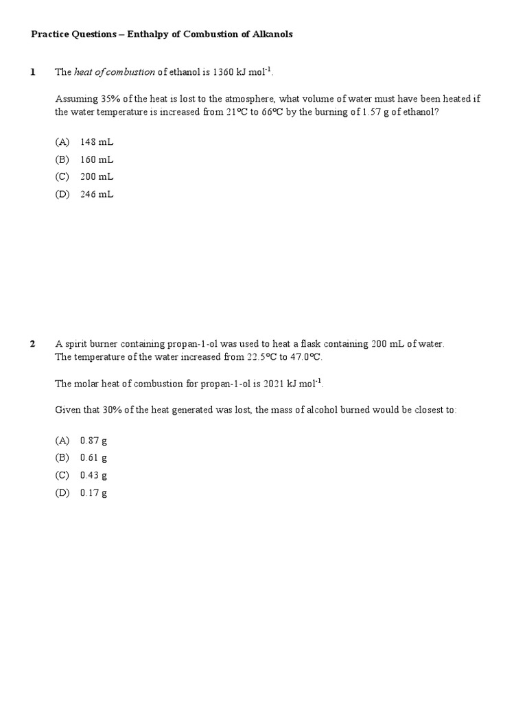 Enthalpy of Combustion Practice Questions | PDF | Teaching Methods ...
