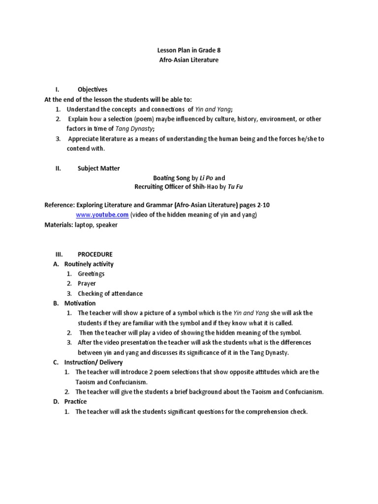 Lesson Plan in Grade 8 Yin and Yang | PDF | Confucianism | Lesson Plan