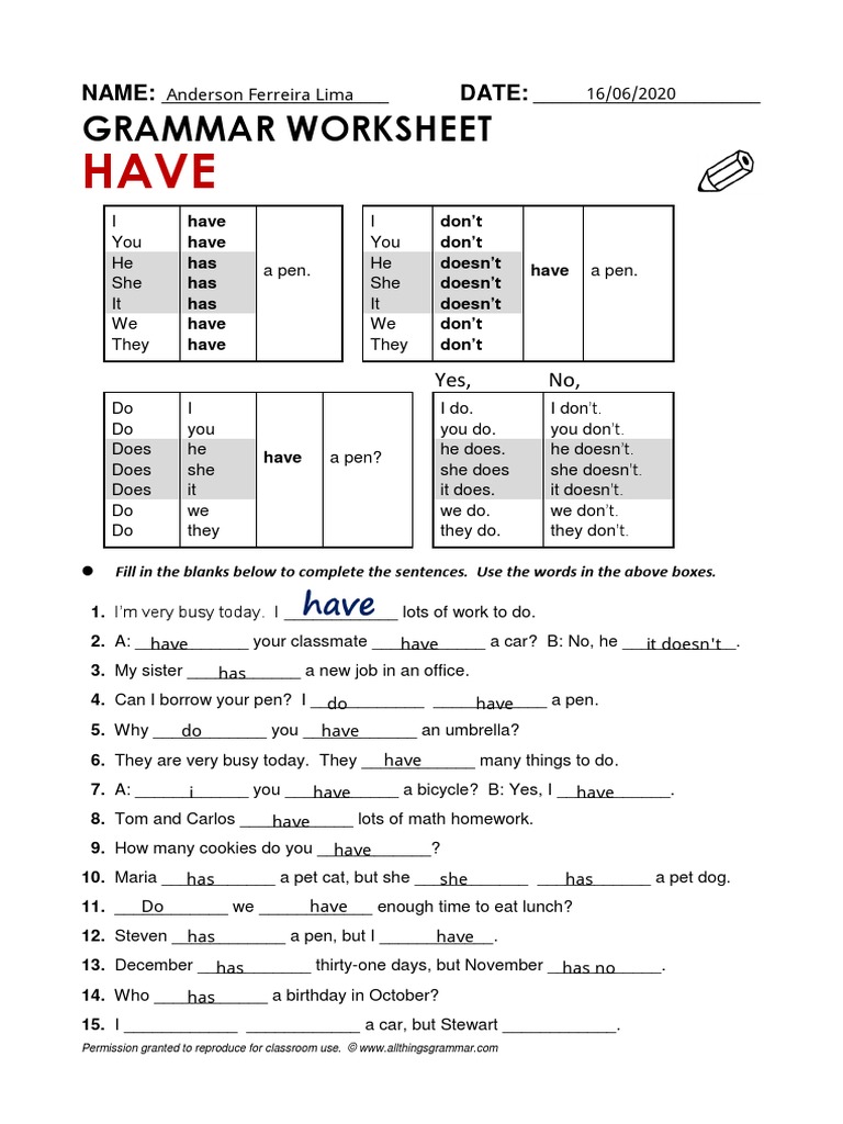 Grammar Worksheet: Name: Date | PDF