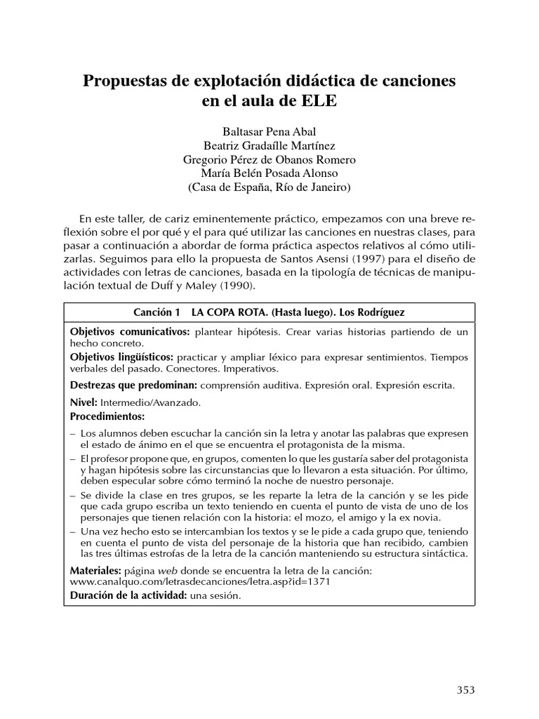 Canciones en ELE: Actividades Prácticas | PDF