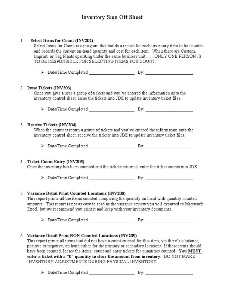 Inventory Sign Off Sheet Rev2 | Inventory | Spreadsheet