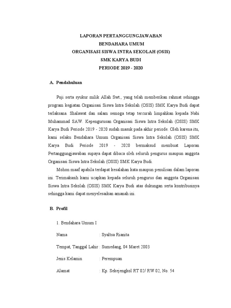 LPJ Bendahara OSIS PERIODE 2019 - 2020-1 | PDF