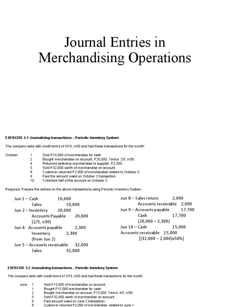 Journal Entries for Merchandising Operations | PDF | Cost Of Goods Sold ...