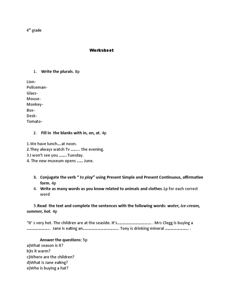 4 Grade: 3. Conjugate The Verb " To Play" Using Present Simple and ...