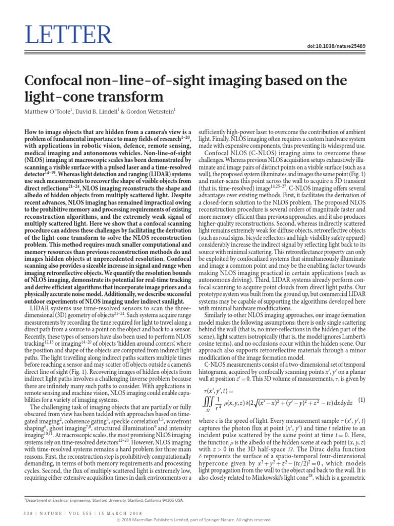 Confocal Non-Line-Of-Sight Imaging Based On The Light-Cone Transform | PDF | Lidar | Convolution