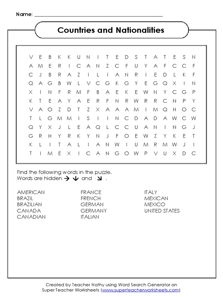 Word Search - Countries and Nationalities | PDF | Word Search | Games ...