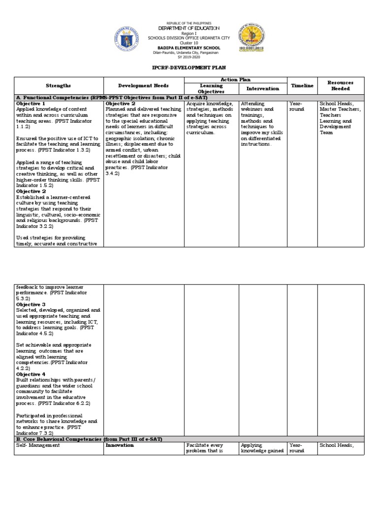 Ipcrf Development Plan 2023 2024 Pdf Educational Technology