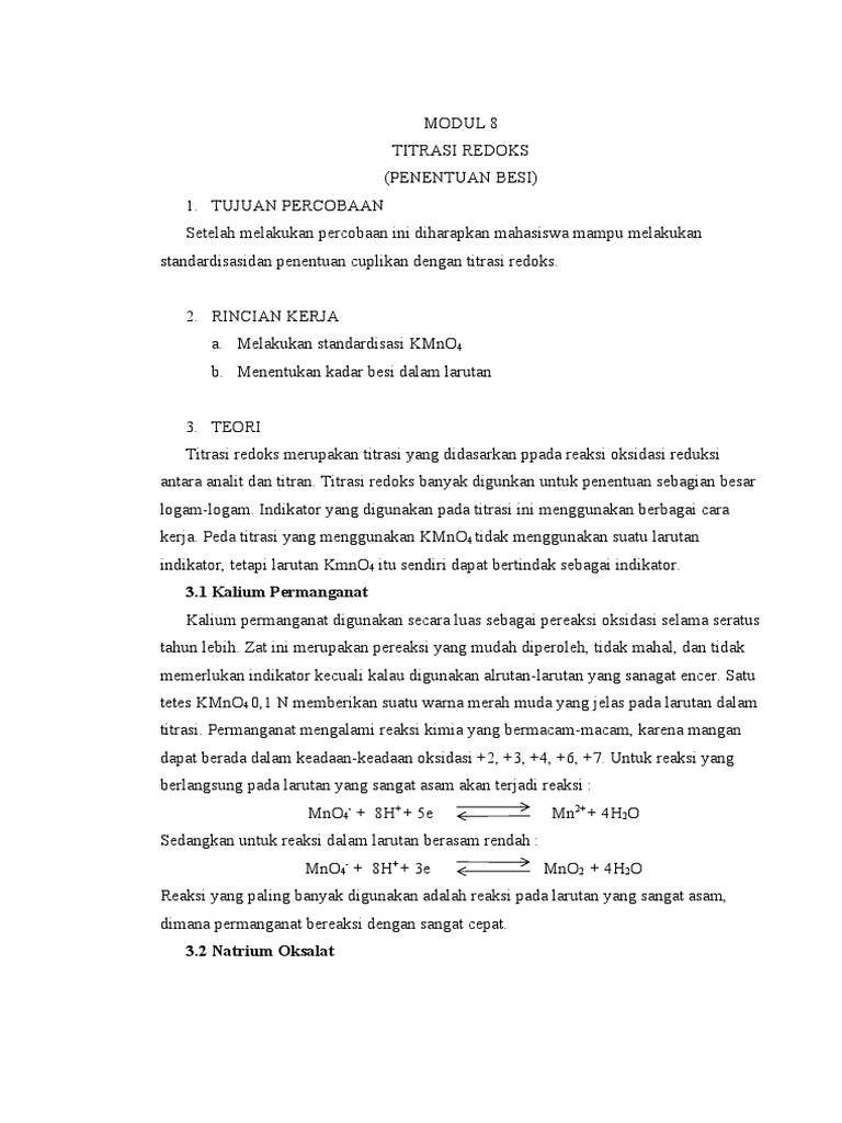 MODUL 8 Titrasi Redoks (Penentuan Besi) | PDF