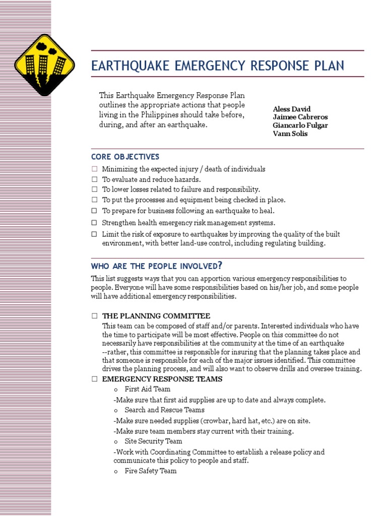 Earthquake Emergency Response Plan | PDF | Emergency | Hazards