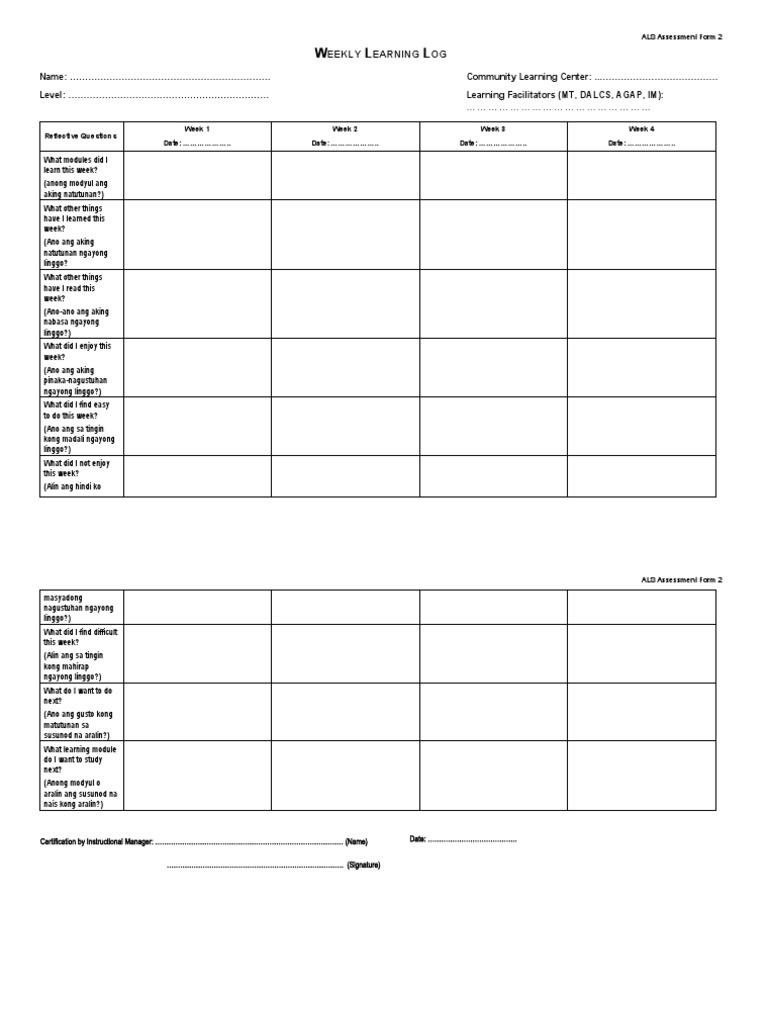 Weekly Learning Log Template | PDF | Career & Growth | Sports & Recreation