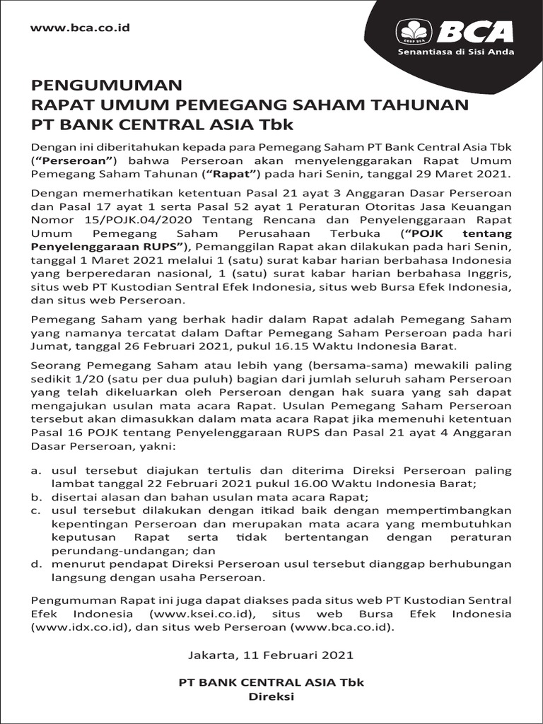 RUPS Tahunan BCA 2021: Detail dan Jadwal | PDF | Bisnis | Pengelolaan ...