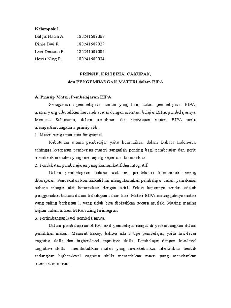 Prinsip dan Kriteria Materi BIPA | PDF | Seni & Disiplin Bahasa