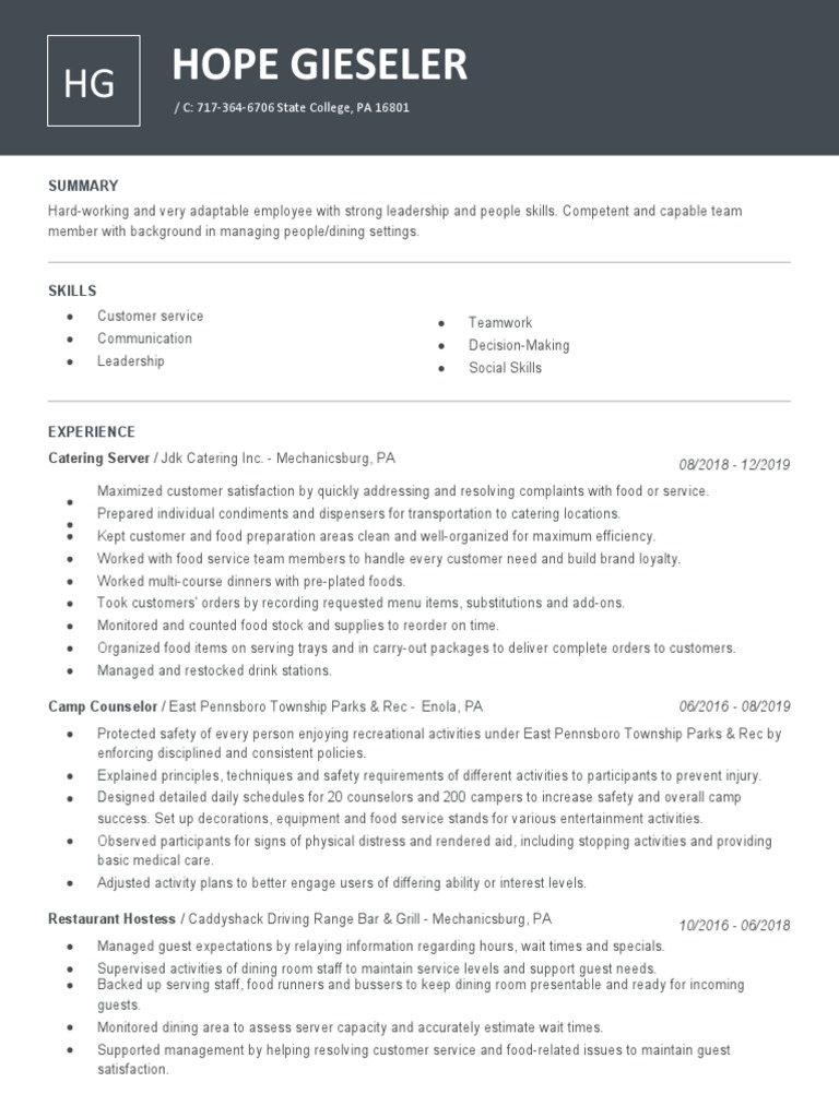 Hope Gieseler Resume | PDF | Waiting Staff | Restaurants
