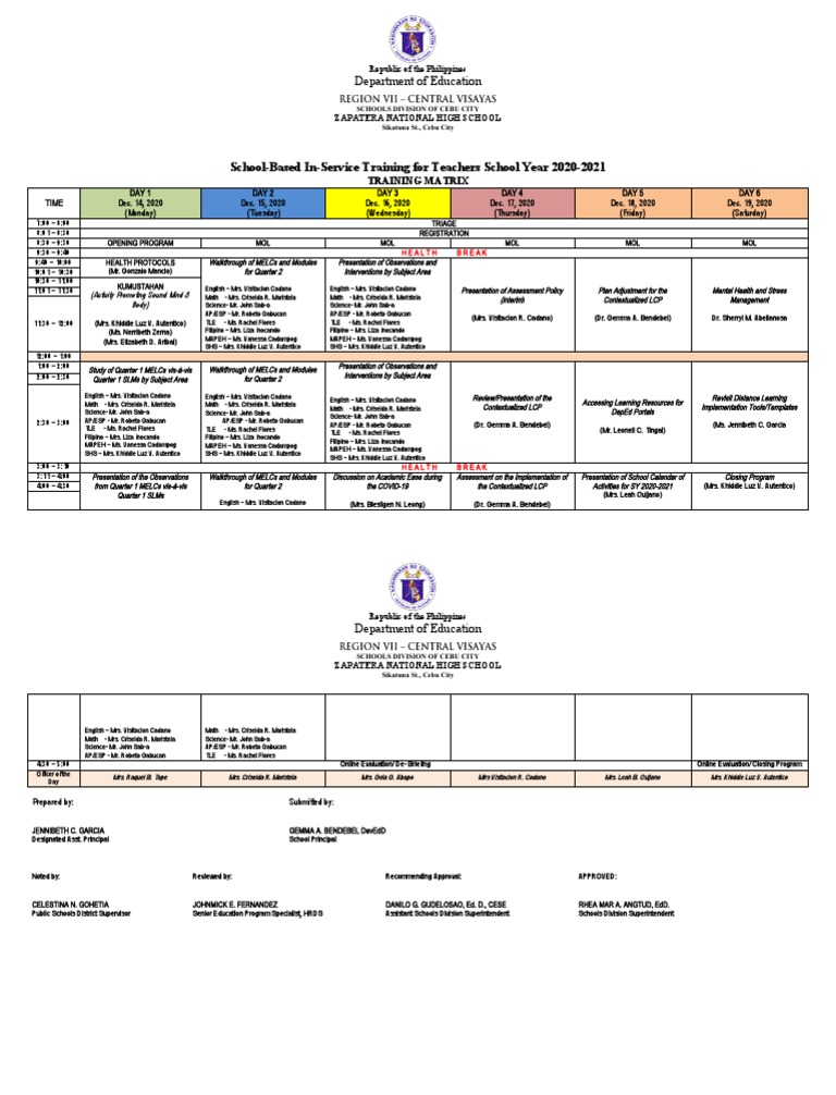 School-Based In-Service Training For Teachers School Year 2020-2021 ...