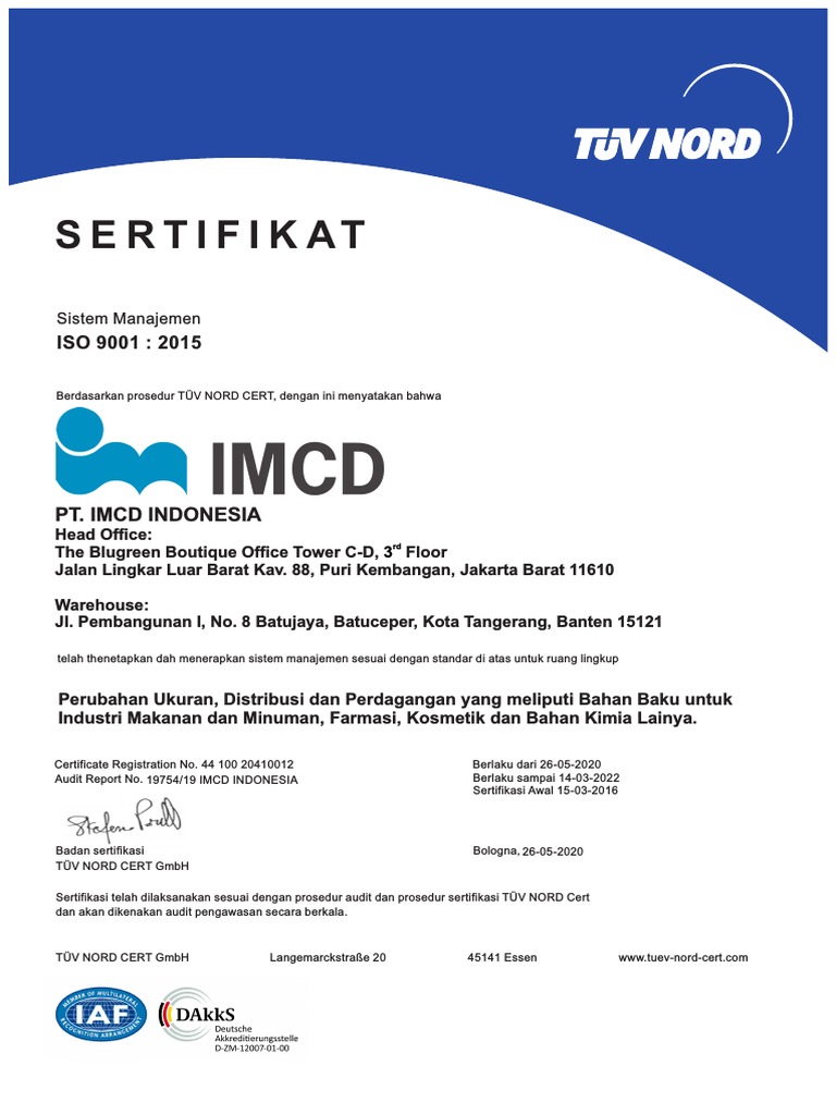 Sertifikat ISO 9001 PT. IMCD Indonesia | PDF | Teknologi & Rekayasa