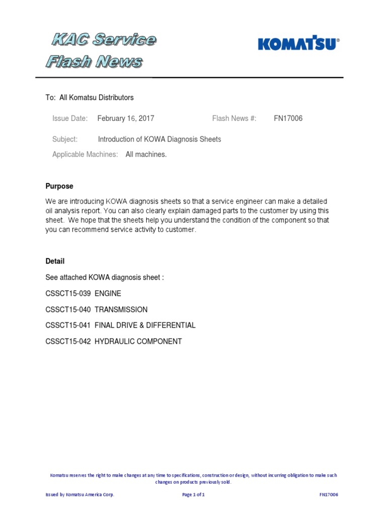 KOMATSU Service News FN17006 KOWA | PDF | Piston | Pump